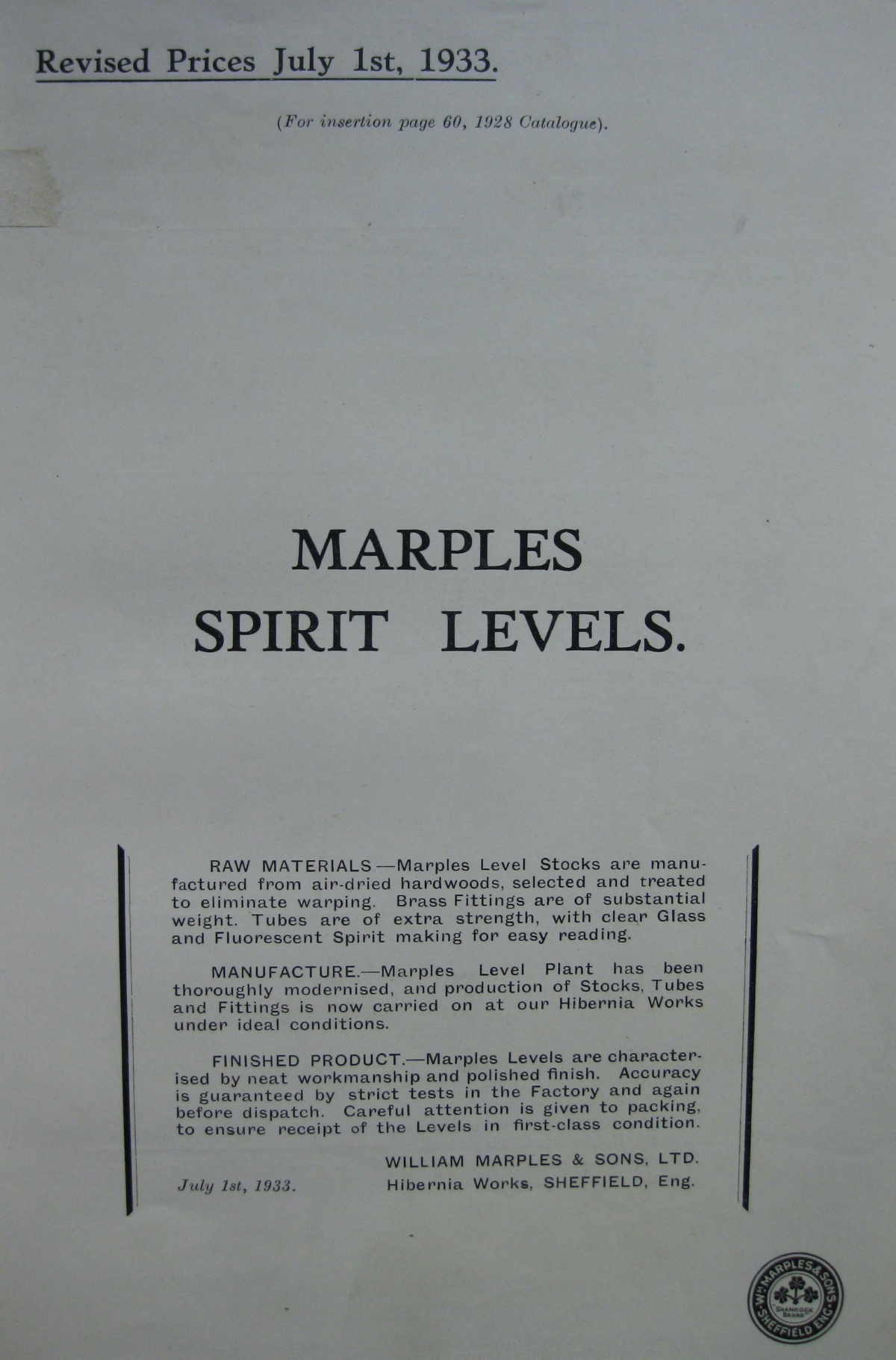 Catalogue Inserts 1928 – William Marples and Sons, Ltd.